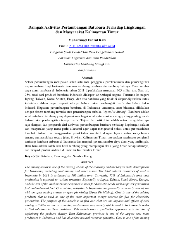 (PDF) Dampak Aktivitas Pertambangan Batubara Terhadap Lingkungan dan Masyarakat Kalimantan Timur