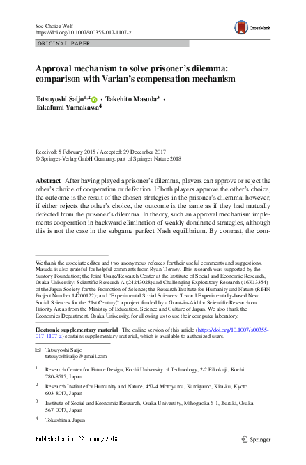 (PDF) Approval mechanism to solve prisoner's dilemma: Comparison with Varian's compensation ...