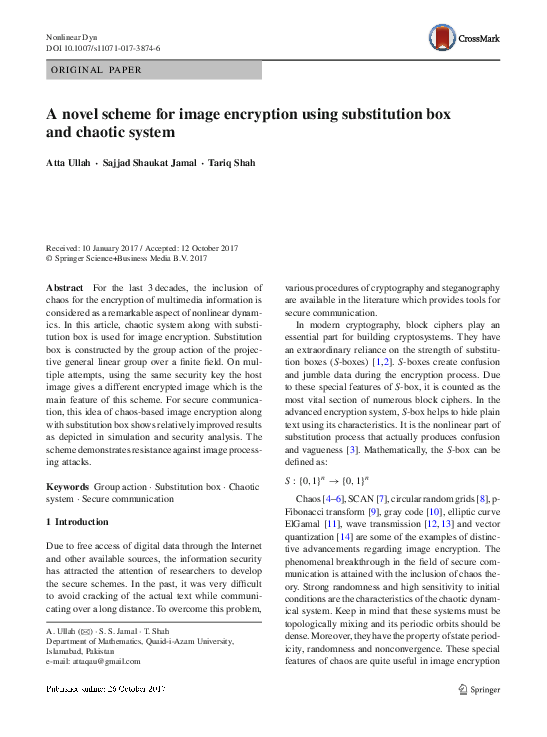 (PDF) A novel scheme for image encryption using substitution box and chaotic system | Atta Ullah ...