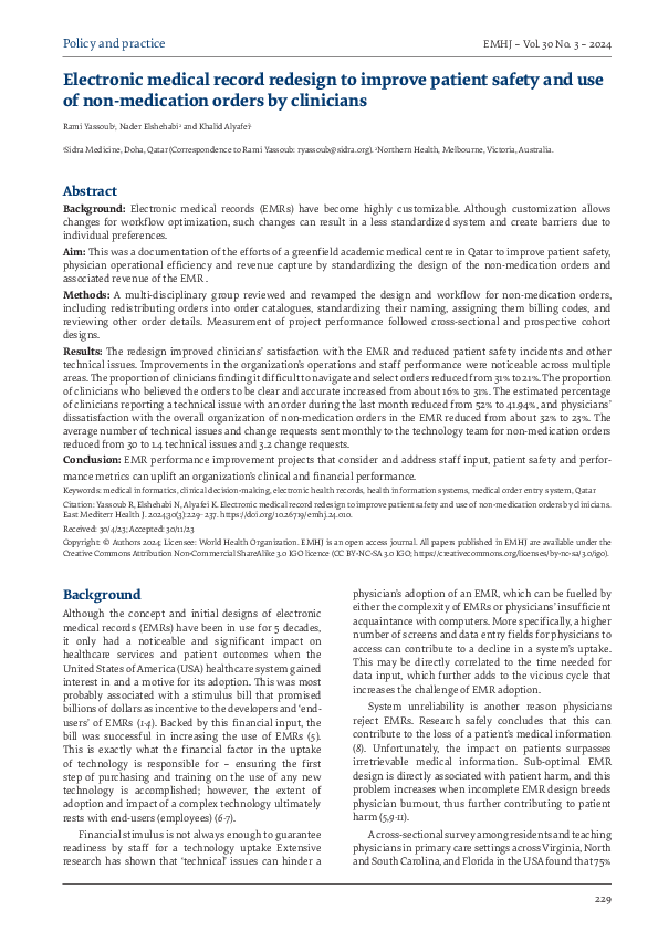 (PDF) Electronic medical record redesign to improve patient safety and ...
