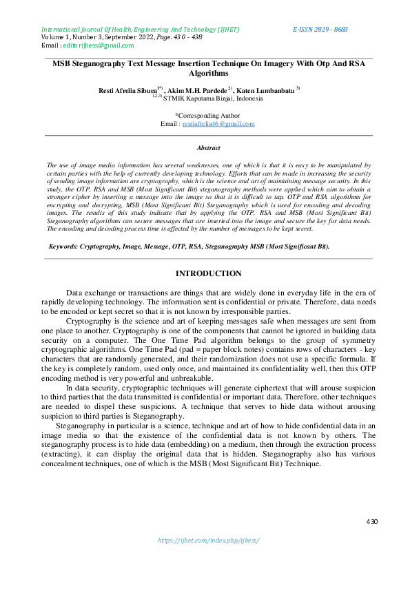 (PDF) MSB Steganography Text Message Insertion Technique On Imagery With Otp And RSA Algorithms