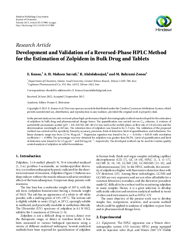 (PDF) Development and Validation of a Reversed-Phase HPLC Method for the Estimation of Zolpidem ...