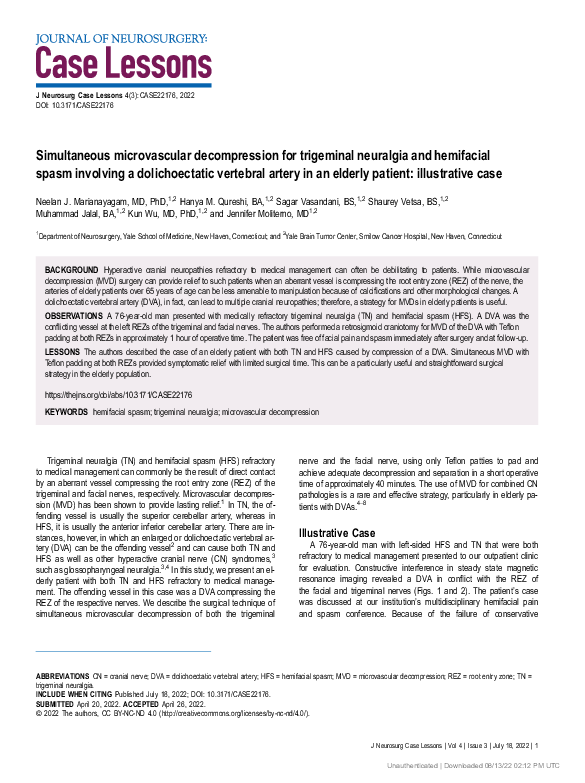 (PDF) Simultaneous microvascular decompression for trigeminal neuralgia ...