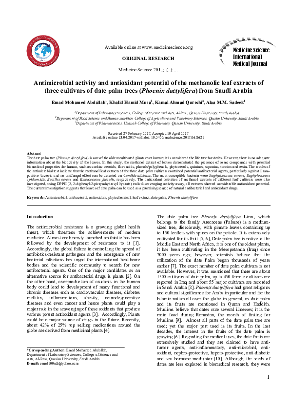 (PDF) Antimicrobial activity and antioxidant potential of the methanolic leaf extracts of three ...