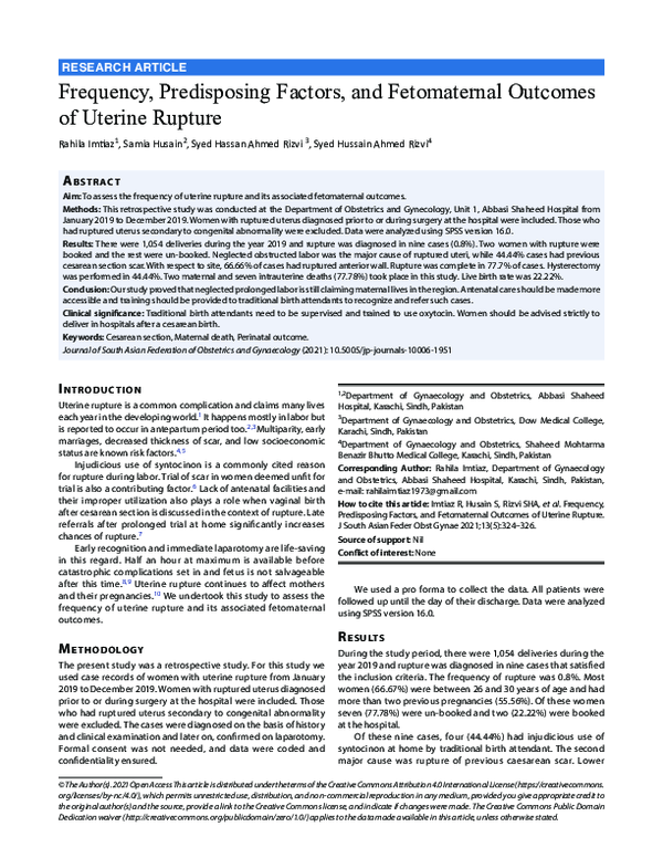 (PDF) Frequency, Predisposing Factors, and Fetomaternal Outcomes of Uterine Rupture