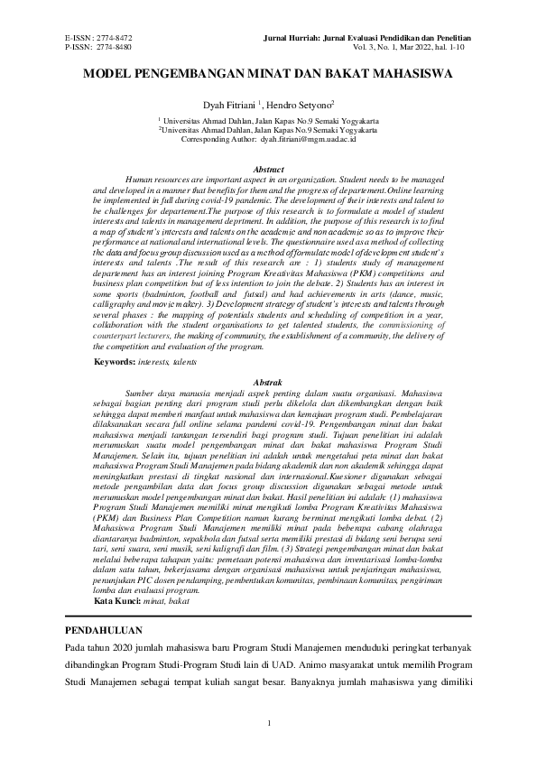 (PDF) Model Pengembangan Minat Dan Bakat Mahasiswa