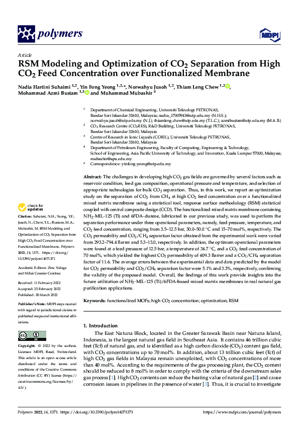 (PDF) RSM Modeling and Optimization of CO2 Separation from High CO2 Feed Concentration over ...