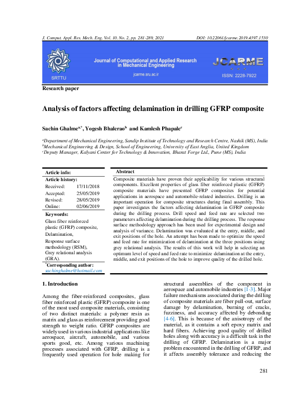 Pdf Analysis Of Factors Affecting Delamination In Drilling Gfrp Composite