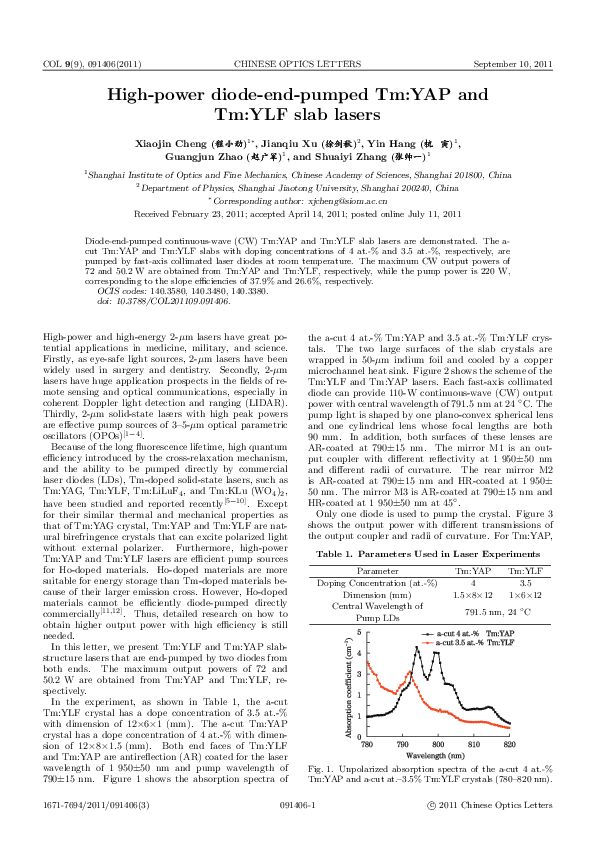 (PDF) High-power diode-end-pumped Tm:YAP and Tm:YLF slab lasers