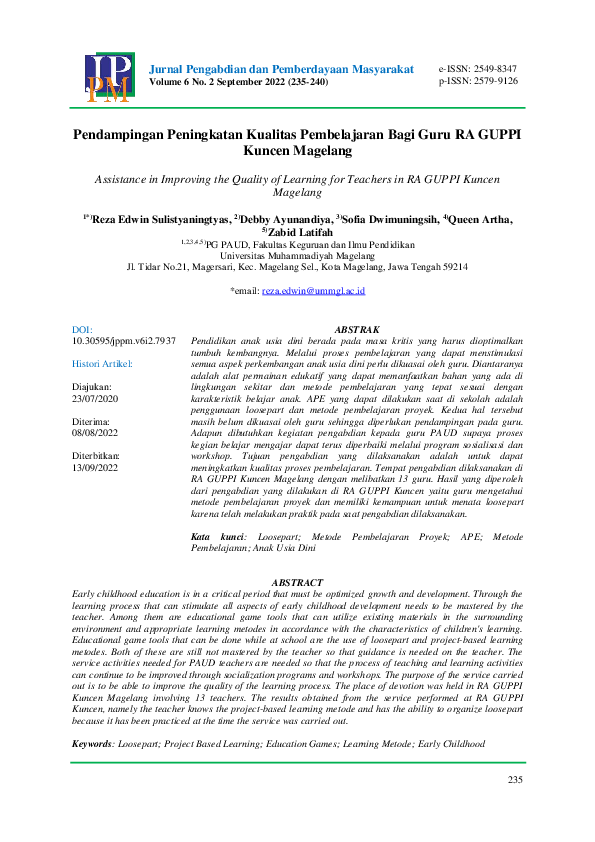 (PDF) Pendampingan Peningkatan Kualitas Pembelajaran Bagi Guru RA GUPPI Kuncen Magelang