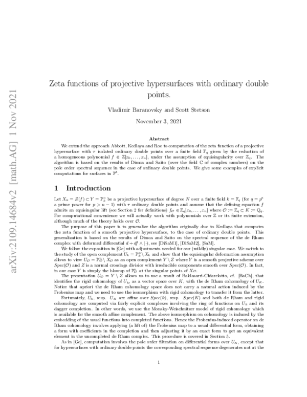 (PDF) Zeta functions of projective hypersurfaces with ordinary double points