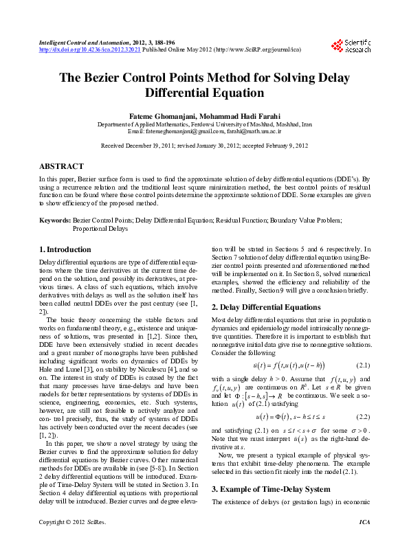 (PDF) The Bezier Control Points Method for Solving Delay Differential Equation