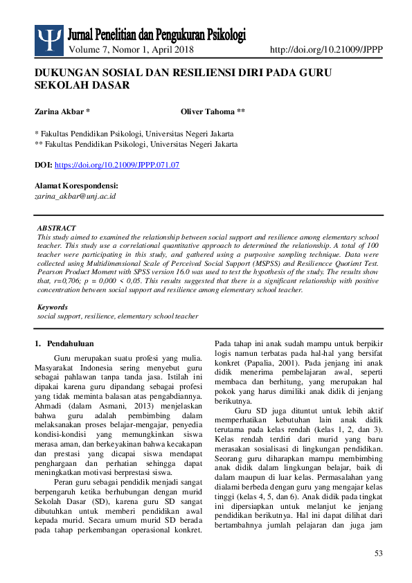 (PDF) Dukungan Sosial Dan Resiliensi Diri Pada Guru Sekolah Dasar