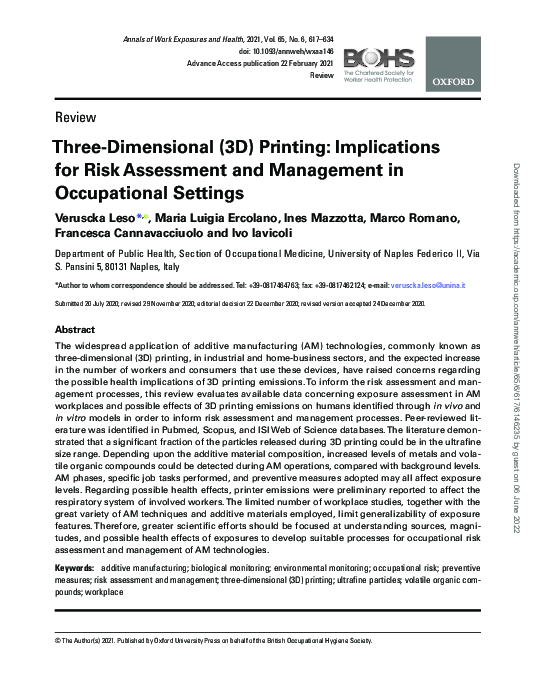(PDF) Three-Dimensional (3D) Printing: Implications for Risk Assessment and Management in ...