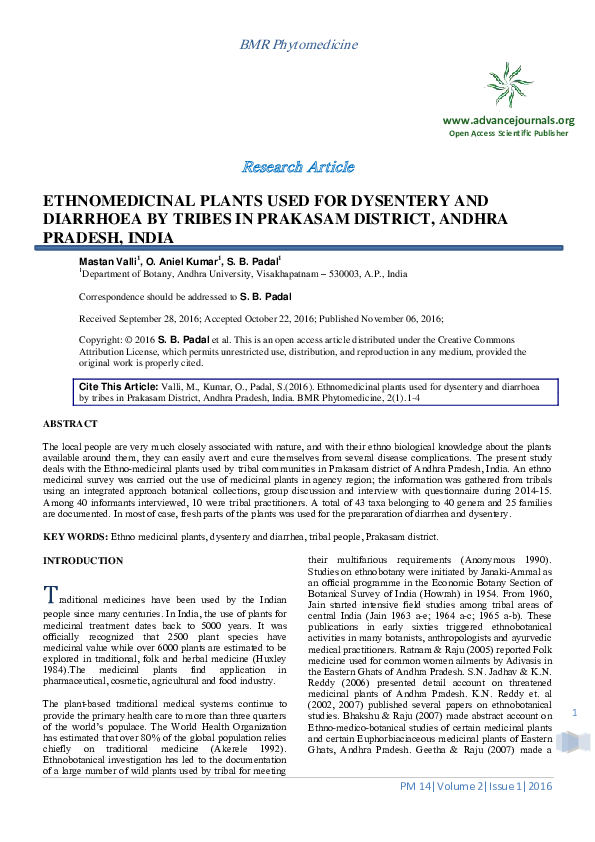 (PDF) BMR Phytomedicine ETHNOMEDICINAL PLANTS USED FOR DYSENTERY AND DIARRHOEA BY TRIBES IN ...