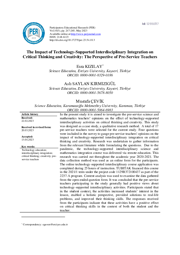 (PDF) The Impact of Technology-Supported Interdisciplinary Integration on Critical Thinking and ...