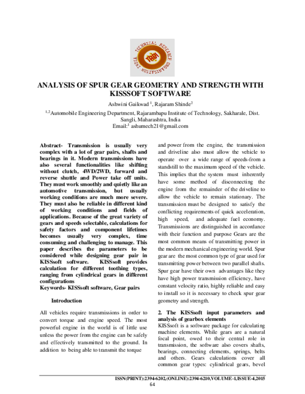 (PDF) Analysis of Spur Gear Geometry and Strength with Kisssoft Software