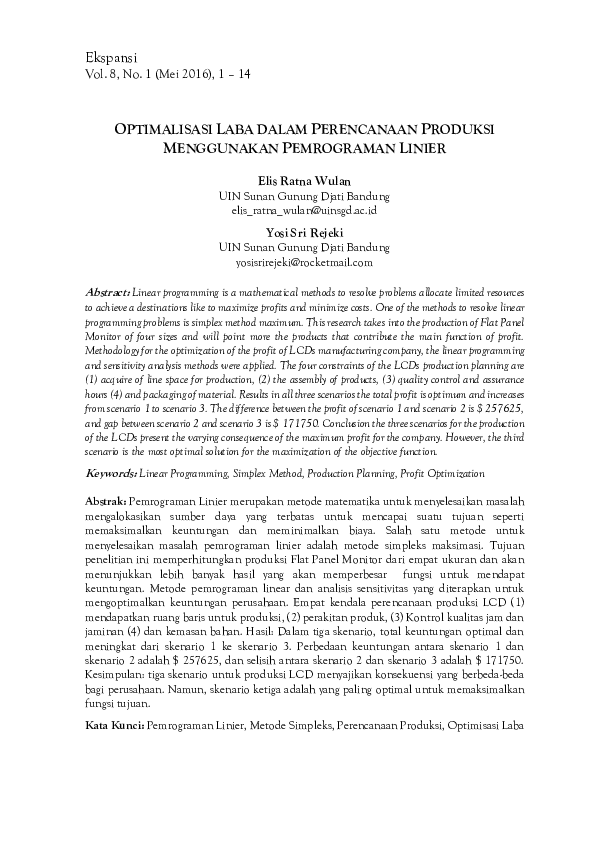 (PDF) Optimalisasi Laba Dalam Perencanaan Produksi Menggunakan ...