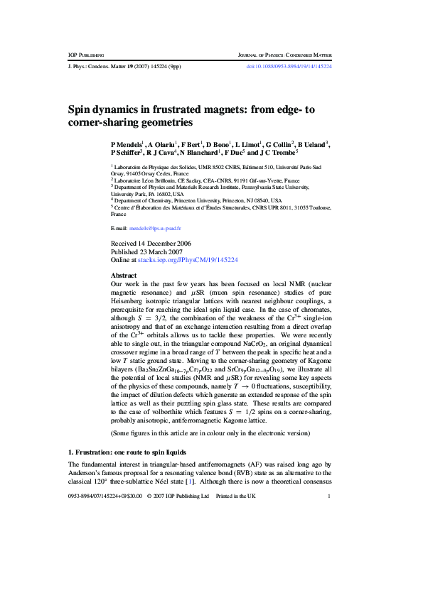 (PDF) Spin dynamics in frustrated magnets: from edge- to corner-sharing geometries | Gaston ...