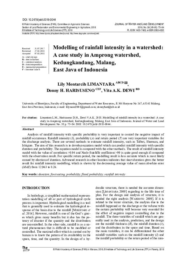 (PDF) Modelling of rainfall intensity in a watershed: A case study in Amprong watershed ...