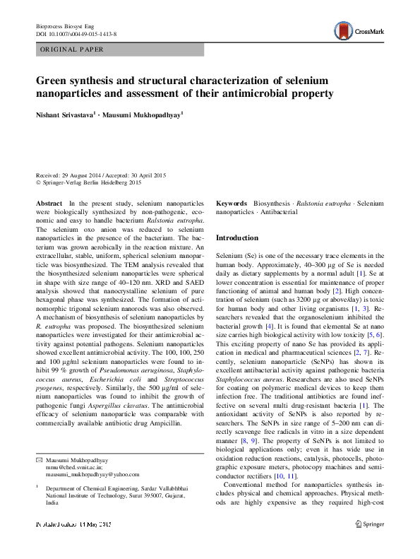 Pdf Green Synthesis And Structural Characterization Of Selenium Nanoparticles And Assessment