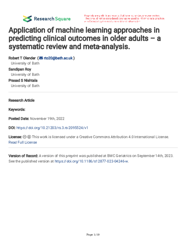 (PDF) Application of machine learning approaches in predicting clinical ...