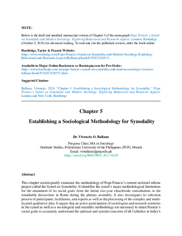 (PDF) "Chapter 5: Establishing a Sociological Methodology for Synodality" (Pope Francis's Synod ...