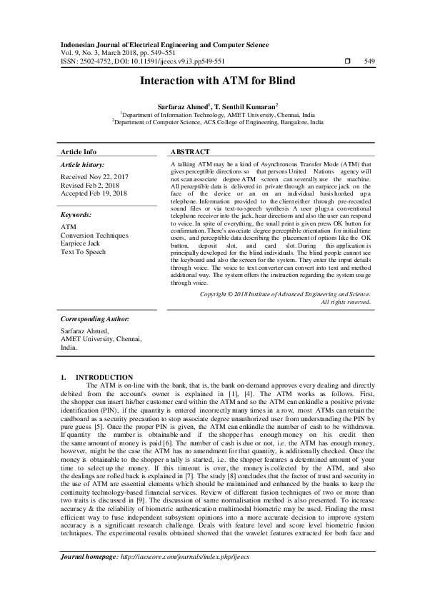 (PDF) Interaction With ATM for Blind