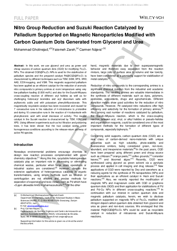 (PDF) Nitro group reduction and Suzuki reaction catalysed by palladium ...