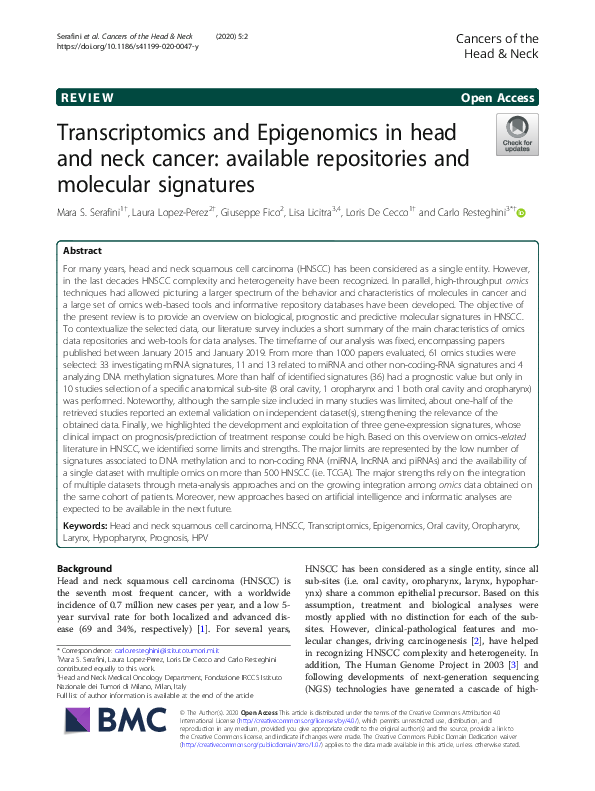 (PDF) Transcriptomics and Epigenomics in head and neck cancer ...