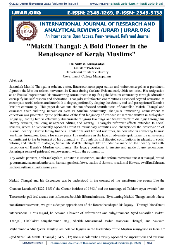 (PDF) "Makthi Thangal: A Bold Pioneer in the Renaissance of Kerala Muslims"