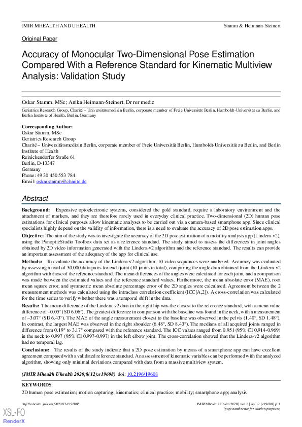 Pdf Accuracy Of Monocular Two Dimensional Pose Estimation Compared