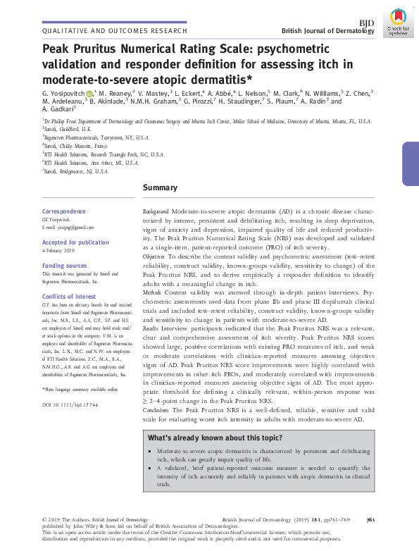 (PDF) Peak Pruritus Numerical Rating Scale: psychometric validation and ...