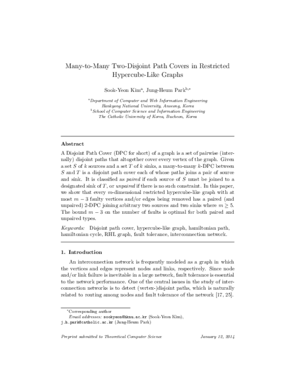 (PDF) Many-to-many two-disjoint path covers in restricted hypercube-like graphs