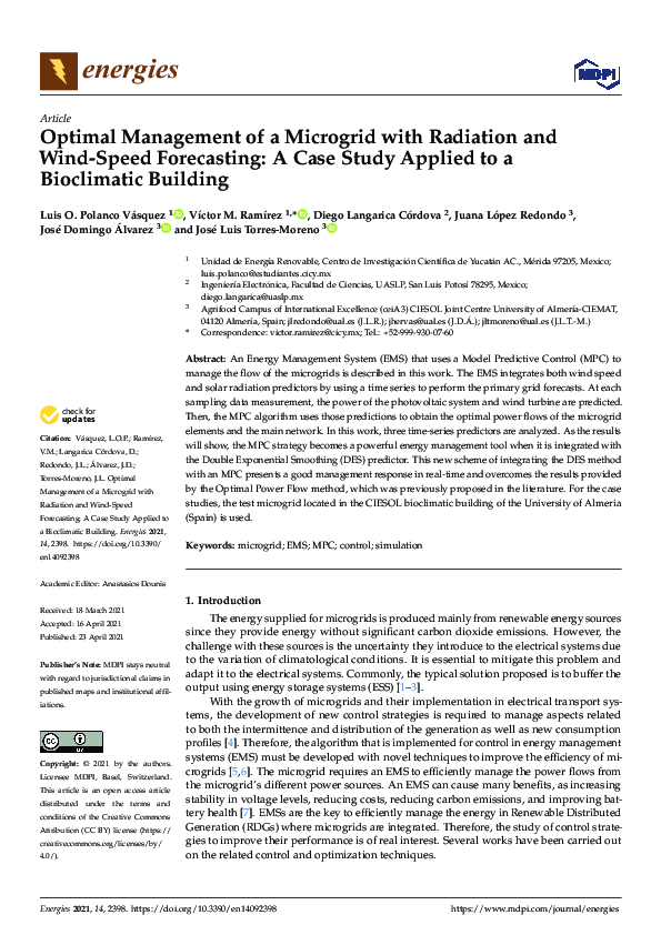 (PDF) Optimal Management of a Microgrid with Radiation and Wind-Speed Forecasting: A Case Study ...