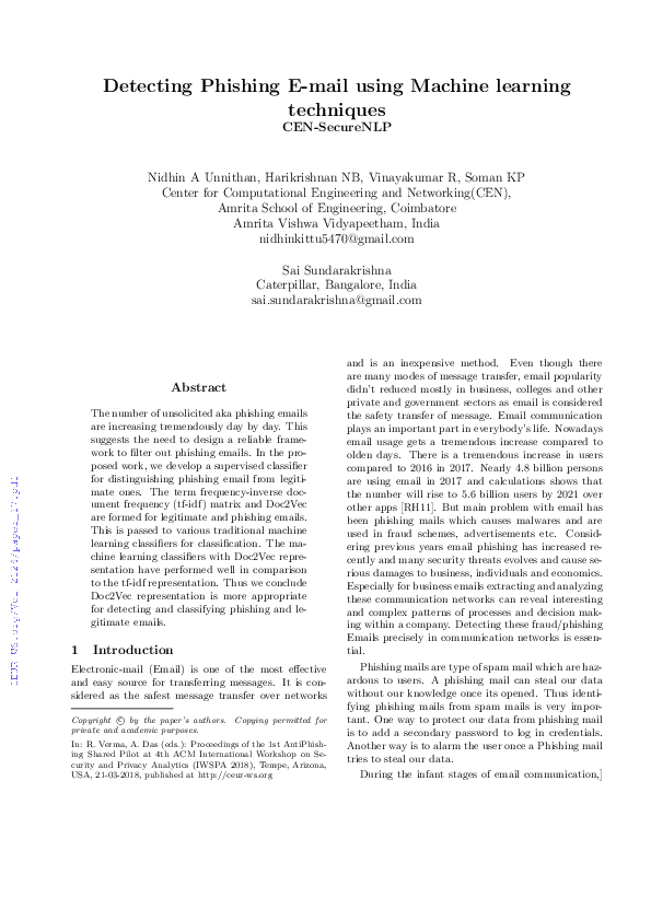 (PDF) Detecting phishing E-mail using machine learning techniques CEN ...