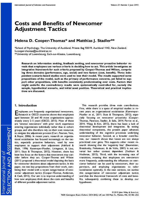 (PDF) Costs and Benefits of Newcomer Adjustment Tactics