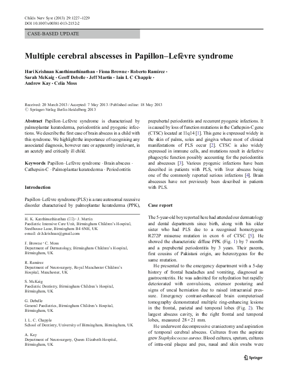 (PDF) Multiple cerebral abscesses in Papillon–Lefèvre syndrome