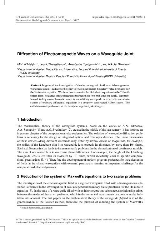(PDF) Diffraction of Electromagnetic Waves on a Waveguide Joint