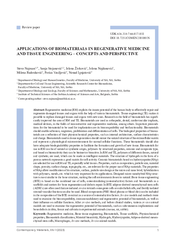(PDF) Applications of Biomaterials in Regenerative Medicine and Tissue ...