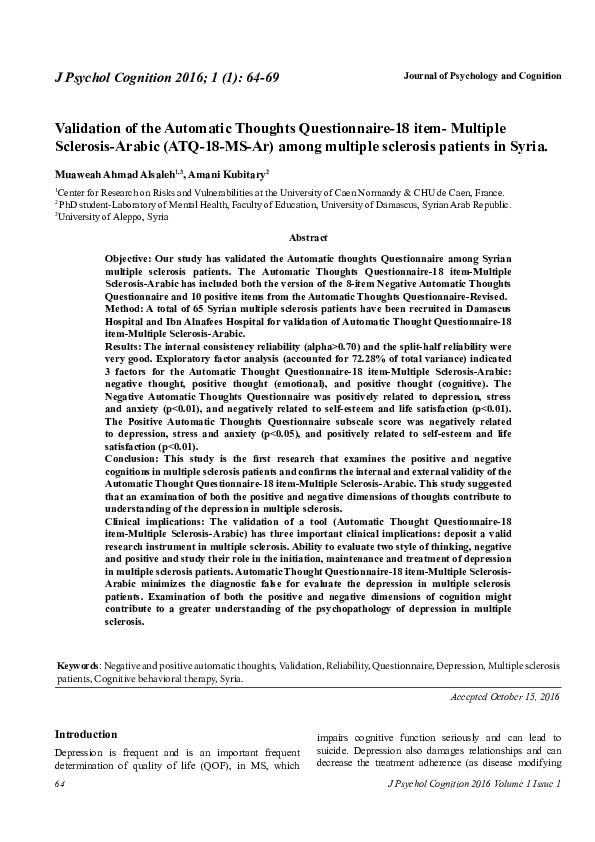 (PDF) Validation of the Automatic Thoughts Questionnaire-18 item- Multiple Sclerosis-Arabic (ATQ ...