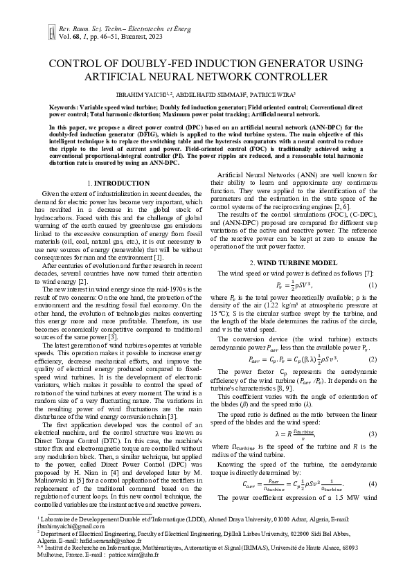 Pdf Control Of Doubly Fed Induction Generator Using Artificial Neural Network Controller