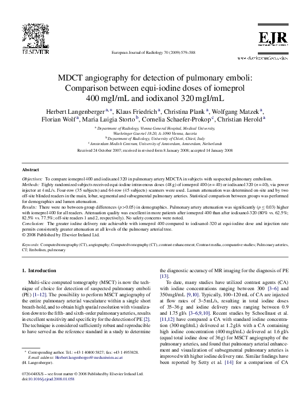 (PDF) MDCT angiography for detection of pulmonary emboli: Comparison ...