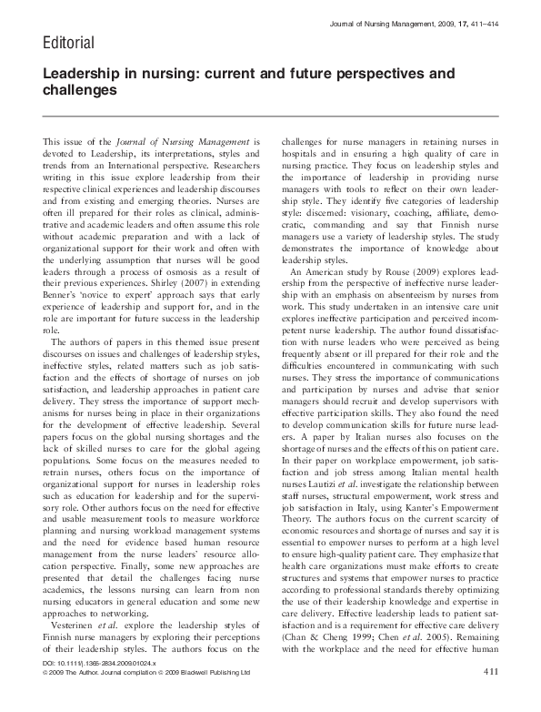(PDF) Leadership in nursing: current and future perspectives and challenges