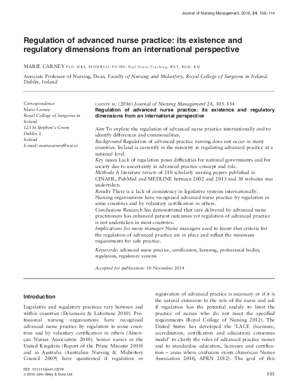 (PDF) Regulation of advanced nurse practice: its existence and ...