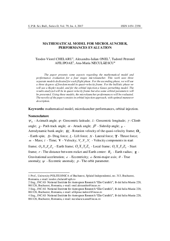 (PDF) Mathematical Model for Microlauncher, Performances Evaluation | Tudorel Afilipoae ...