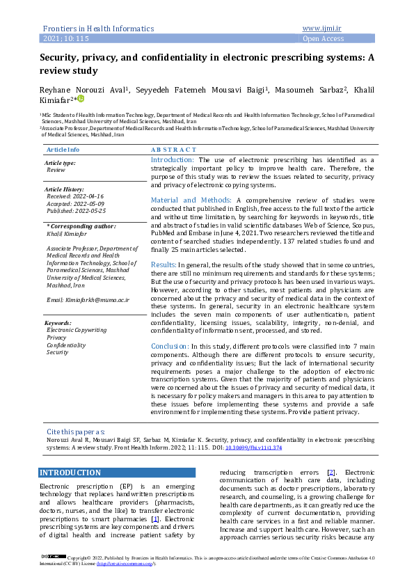 (PDF) Security, Privacy, and Confidentiality in Electronic Prescribing ...