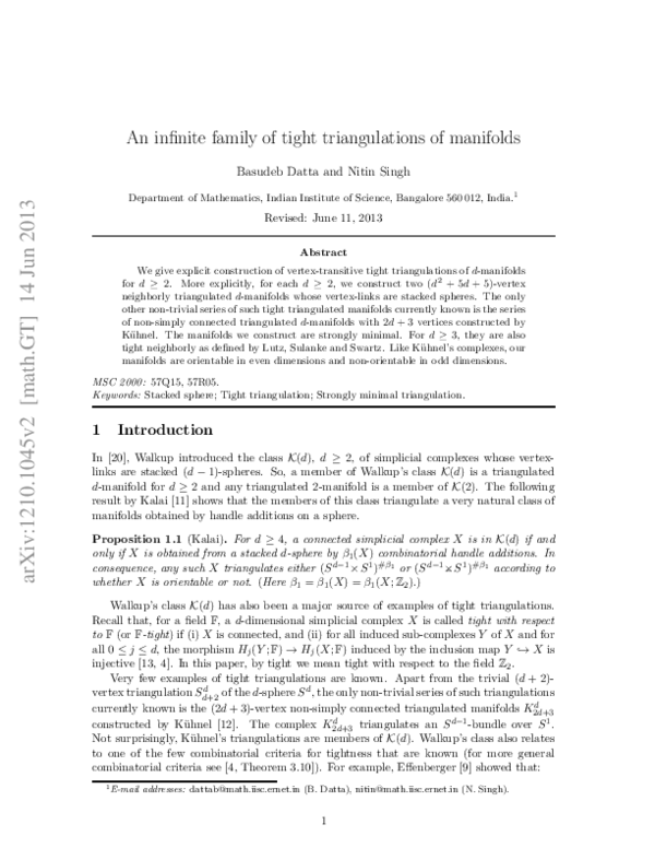 (PDF) An infinite family of tight triangulations of manifolds