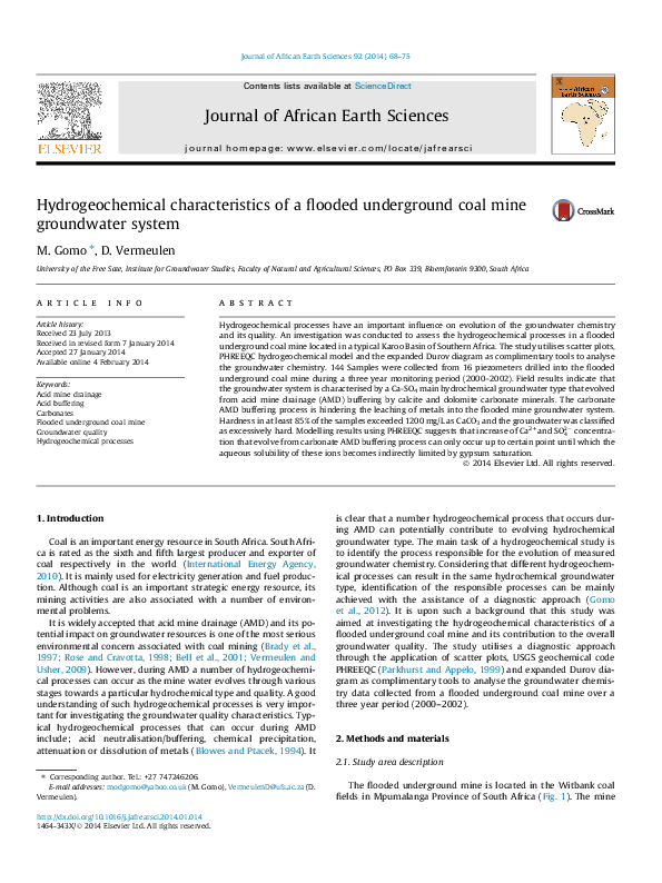 (PDF) Hydrogeochemical characteristics of a flooded underground coal ...