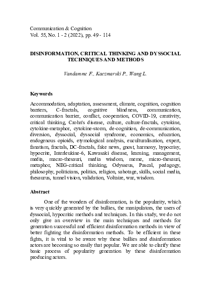(PDF) DISINFORMATION, CRITICAL THINKING AND DYSSOCIAL TECHNIQUES AND ...